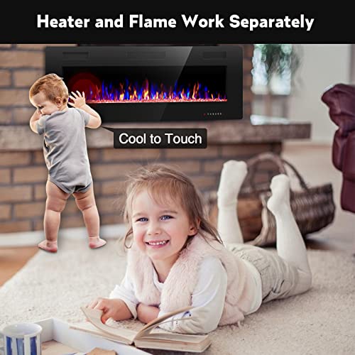 R.W.FLAME Electric Fireplace 50 inch Recessed and Wall Mounted,The Thinnest FireplaceLow Noise , Fit for 2 x 4 and 2 x 6 Stud, Remote Control with Timer,Touch Screen,Adjustable Flame Colors and Speed