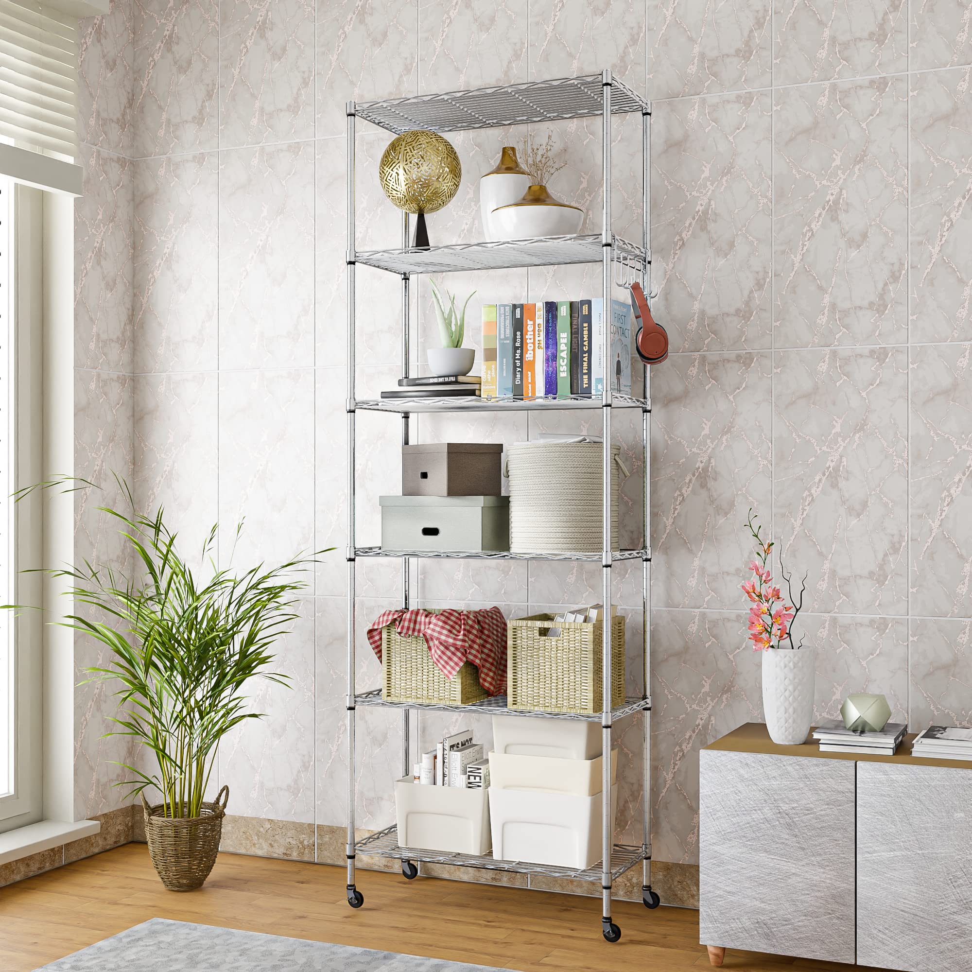 Homdox 6 Tier Wire Shelving Unit on Wheels, Storage Shelves for Garage Kitchen Living Room, Heavy Duty Shelving Rack, 21.26 x 11.42 x 72.05 inch (L x W x H)