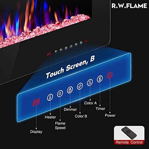 R.W.FLAME Electric Fireplace 50 inch Recessed and Wall Mounted,The Thinnest FireplaceLow Noise , Fit for 2 x 4 and 2 x 6 Stud, Remote Control with Timer,Touch Screen,Adjustable Flame Colors and Speed