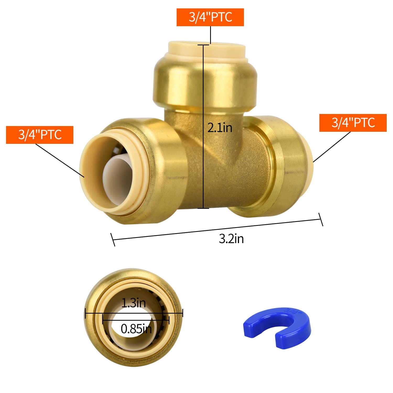 1/2/6/12 Pack Push Fit Plumbing Fittings, 1/2β Valves/ 3/4" Valves, Elbows/Straights/Tees/End Caps with Disconnect Clip Tool, Brass Pushfit Fittings for Copper, PEX CPVC (3/4" Tee, 6pcs)