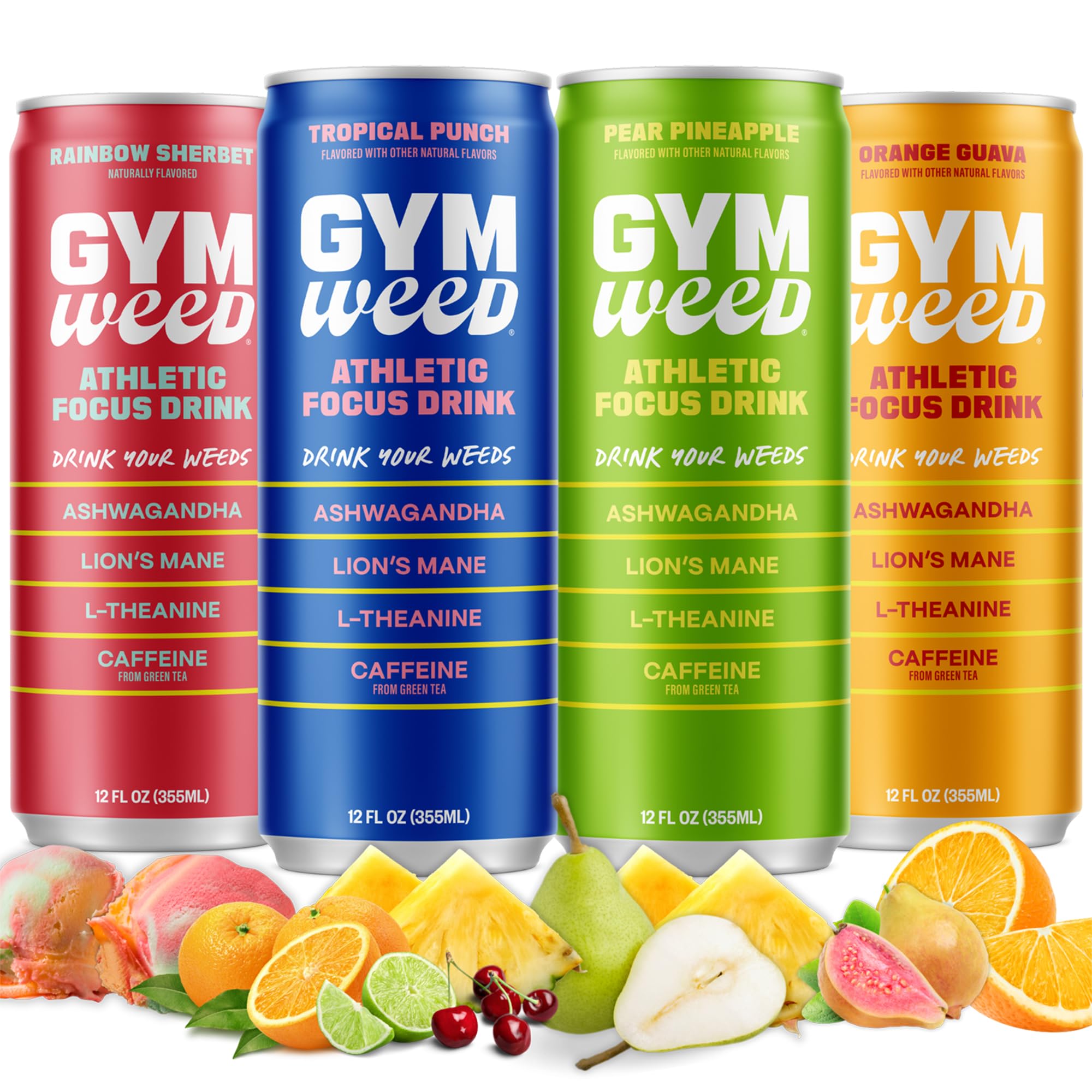 GYM WEED Athletic Focus Drink with KSM-66 Ashwagandha, Lion's Mane Mushroom, L-Theanine, 200mg Green Tea Caffeine with Natural Sweeteners Variety Pack of flavors, 12 Pack