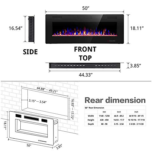 R.W.FLAME Electric Fireplace 50 inch Recessed and Wall Mounted,The Thinnest FireplaceLow Noise , Fit for 2 x 4 and 2 x 6 Stud, Remote Control with Timer,Touch Screen,Adjustable Flame Colors and Speed