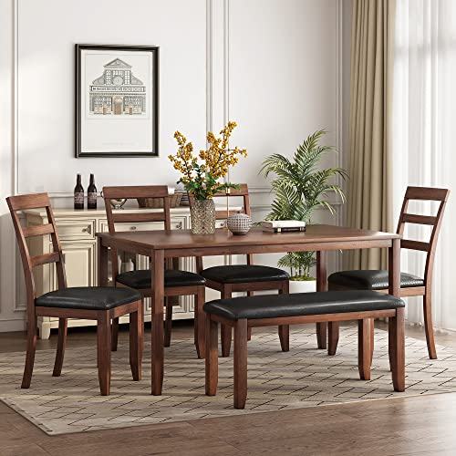 Harper & Bright Designs 6 Pieces Dining Table Set with Bench, Kitchen Table Set with Wood Dining Table, Upholstered Bench and Dining Chairs for Kitchen Dining Room, Walnut PU Cushion