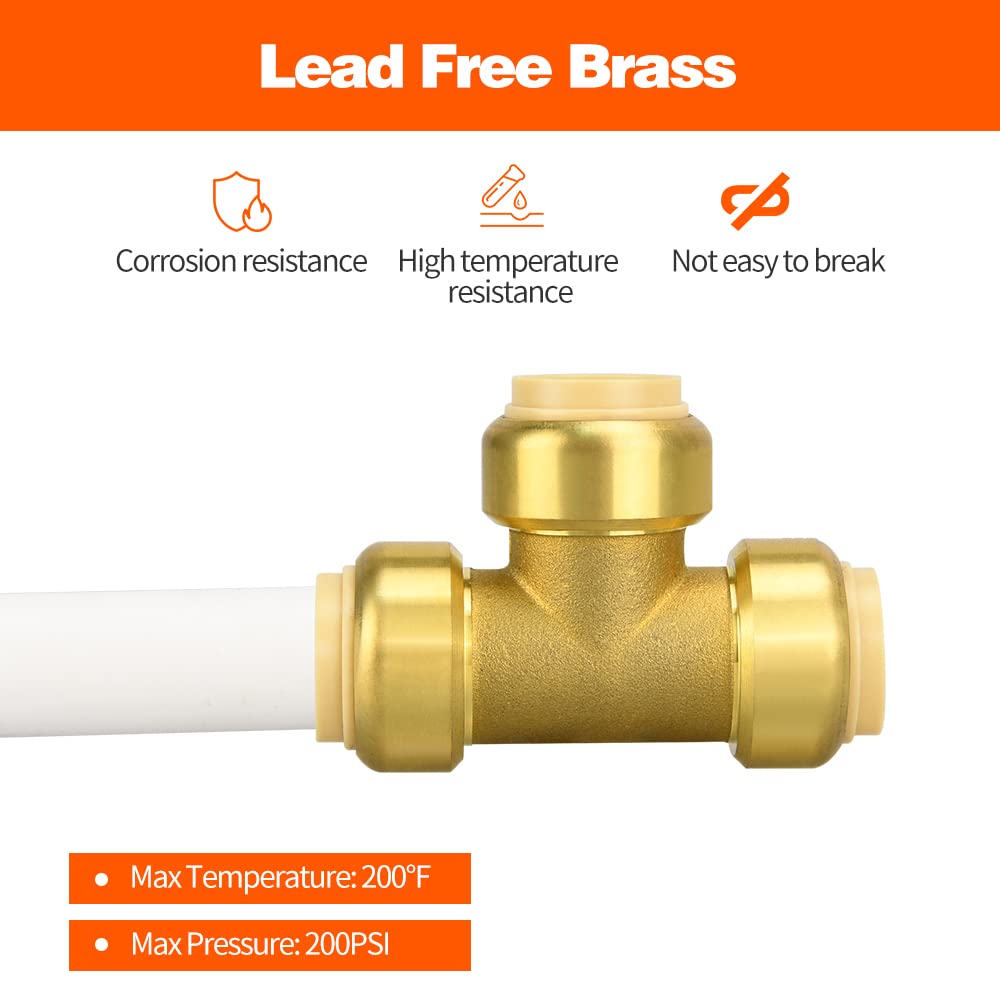 1/2/6/12 Pack Push Fit Plumbing Fittings, 1/2β Valves/ 3/4" Valves, Elbows/Straights/Tees/End Caps with Disconnect Clip Tool, Brass Pushfit Fittings for Copper, PEX CPVC (3/4" Tee, 6pcs)