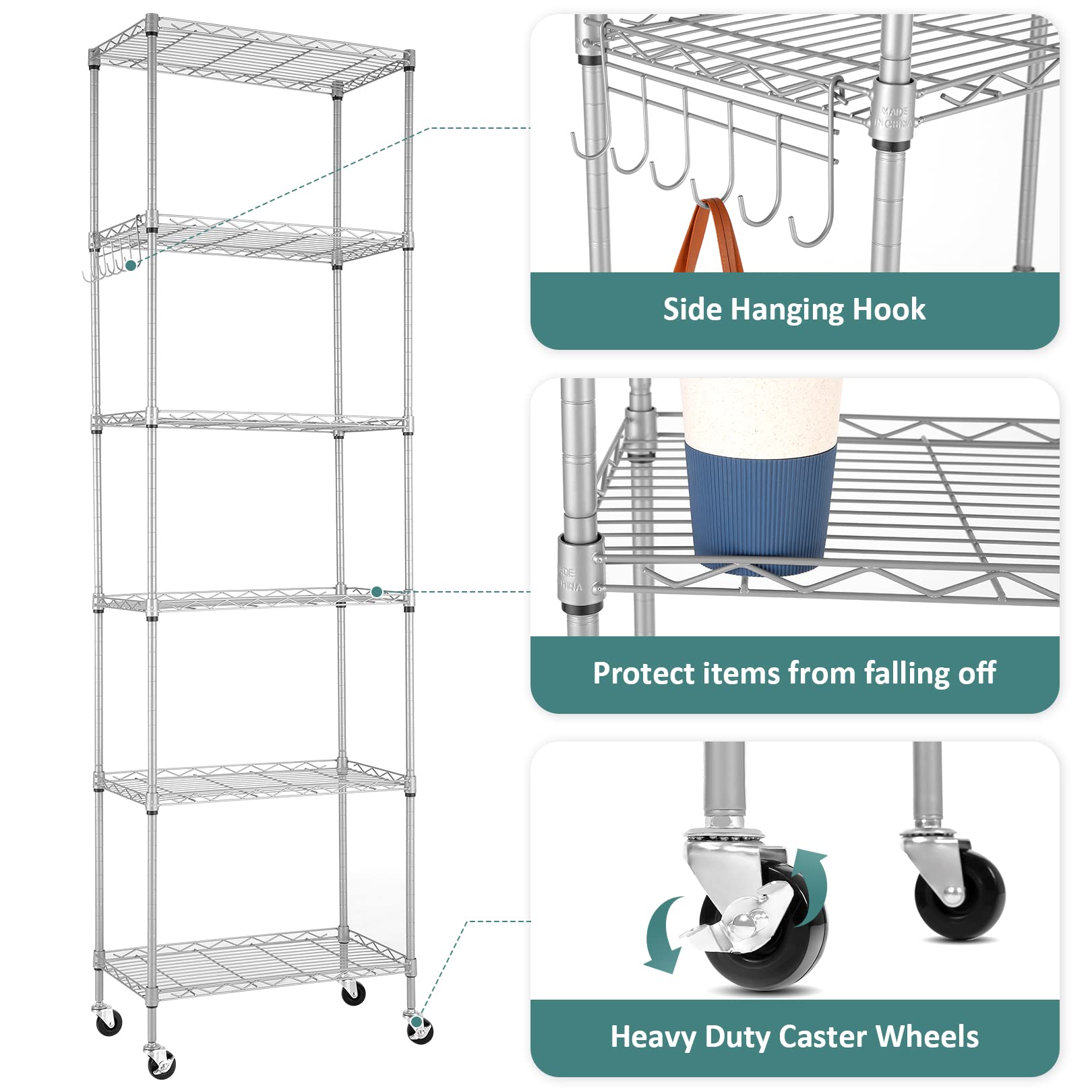 Homdox 6 Tier Wire Shelving Unit on Wheels, Storage Shelves for Garage Kitchen Living Room, Heavy Duty Shelving Rack, 21.26 x 11.42 x 72.05 inch (L x W x H)