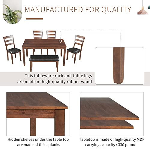 Harper & Bright Designs 6 Pieces Dining Table Set with Bench, Kitchen Table Set with Wood Dining Table, Upholstered Bench and Dining Chairs for Kitchen Dining Room, Walnut PU Cushion