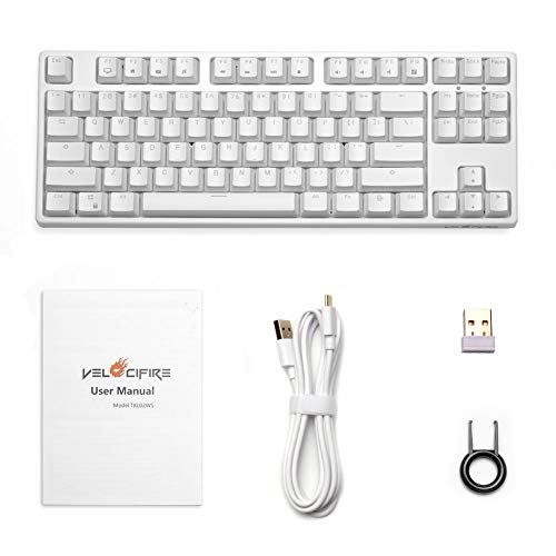 VELOCIFIRE Wireless Mechanical Keyboard, TKL02WS TKL 87 Key Ergonomic Linear Red Switches Mechanical Gaming Keyboard with White LED Backlit for Copywriters, Typists, and Programmers(White)