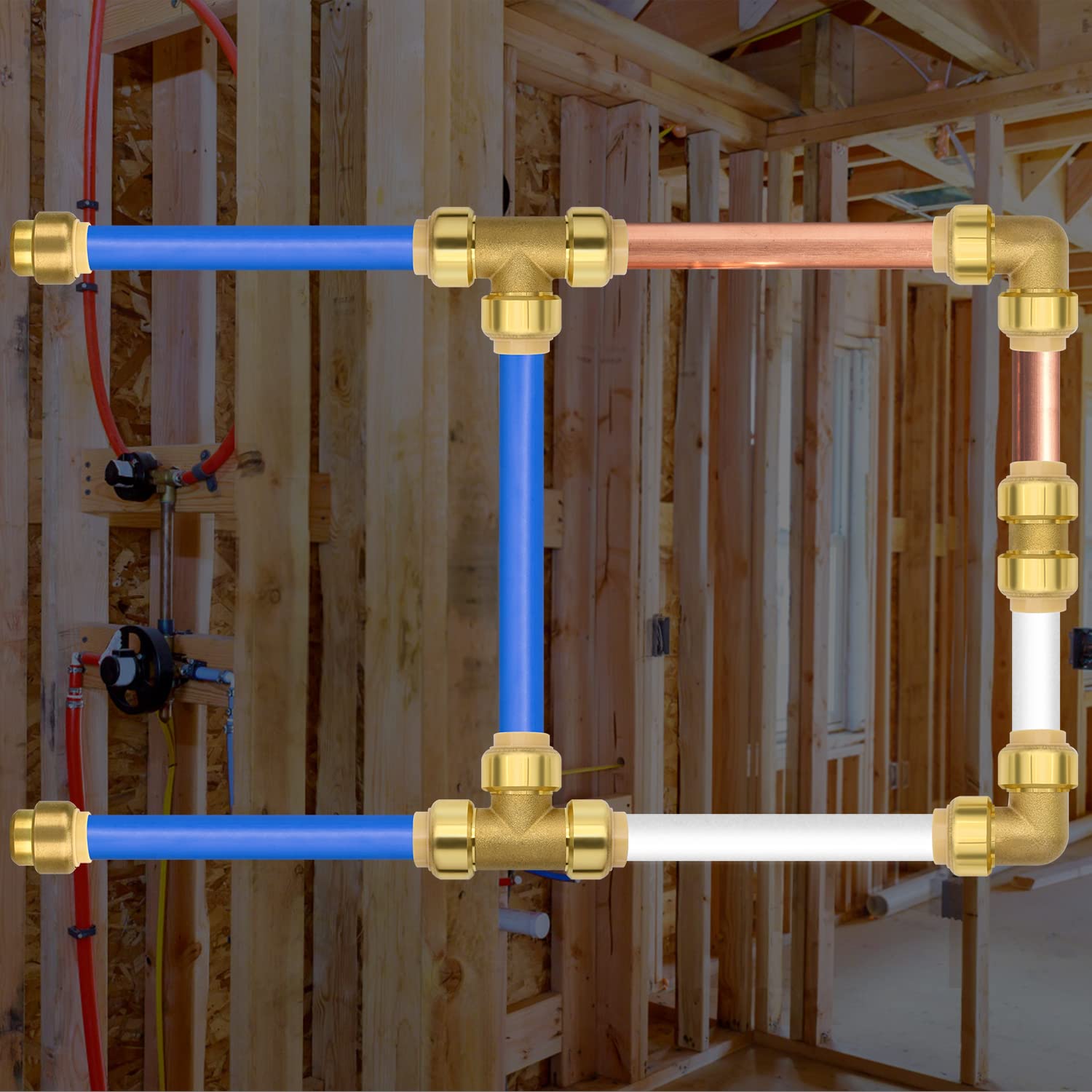 1/2/6/12 Pack Push Fit Plumbing Fittings, 1/2β Valves/ 3/4" Valves, Elbows/Straights/Tees/End Caps with Disconnect Clip Tool, Brass Pushfit Fittings for Copper, PEX CPVC (3/4" Tee, 6pcs)
