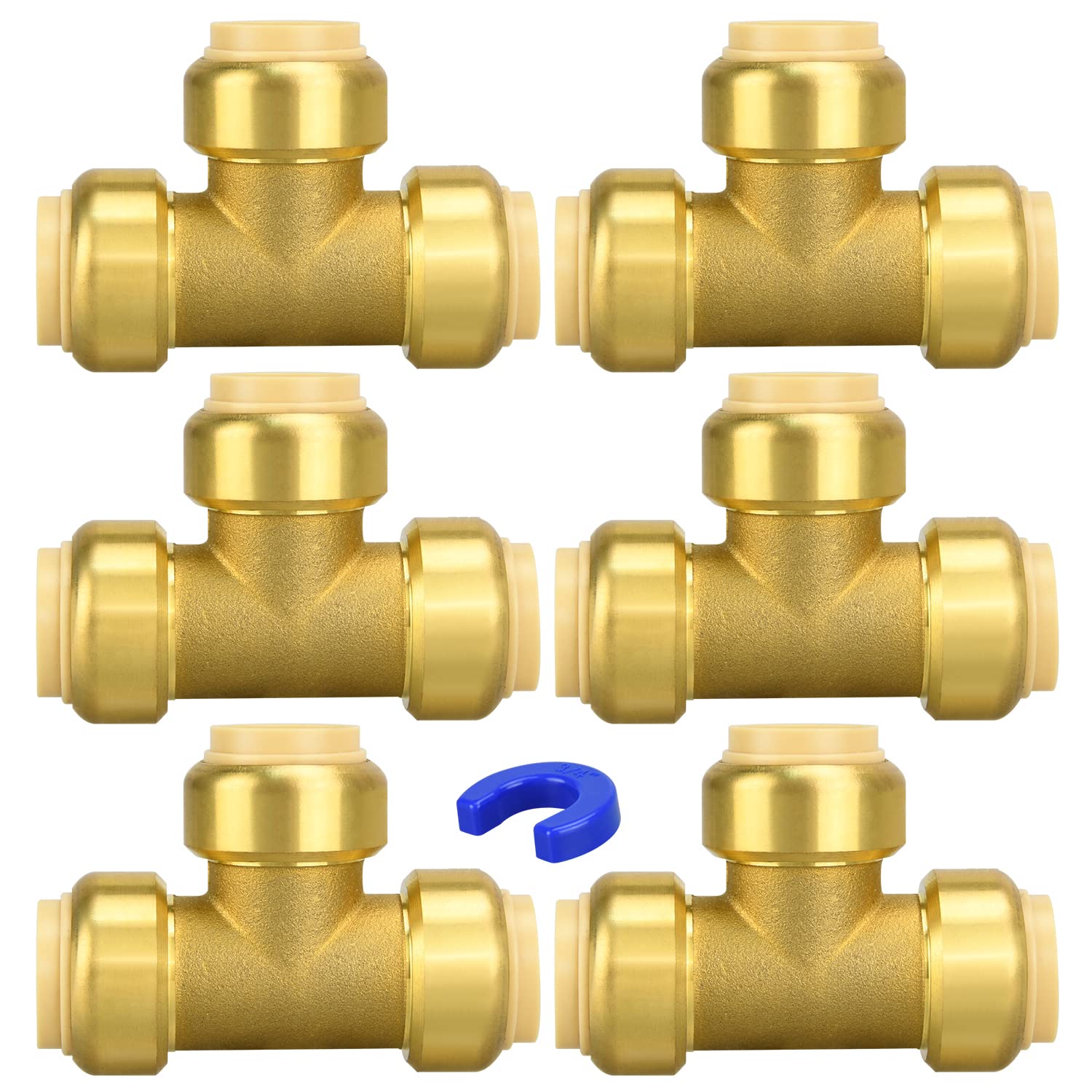 1/2/6/12 Pack Push Fit Plumbing Fittings, 1/2“ Valves/ 3/4" Valves, Elbows/Straights/Tees/End Caps with Disconnect Clip Tool, Brass Pushfit Fittings for Copper, PEX CPVC (3/4" Tee, 6pcs)