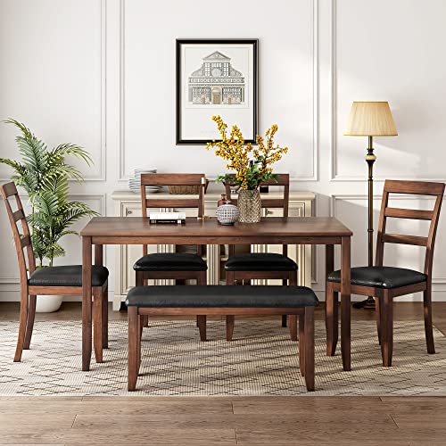 Harper & Bright Designs 6 Pieces Dining Table Set with Bench, Kitchen Table Set with Wood Dining Table, Upholstered Bench and Dining Chairs for Kitchen Dining Room, Walnut PU Cushion