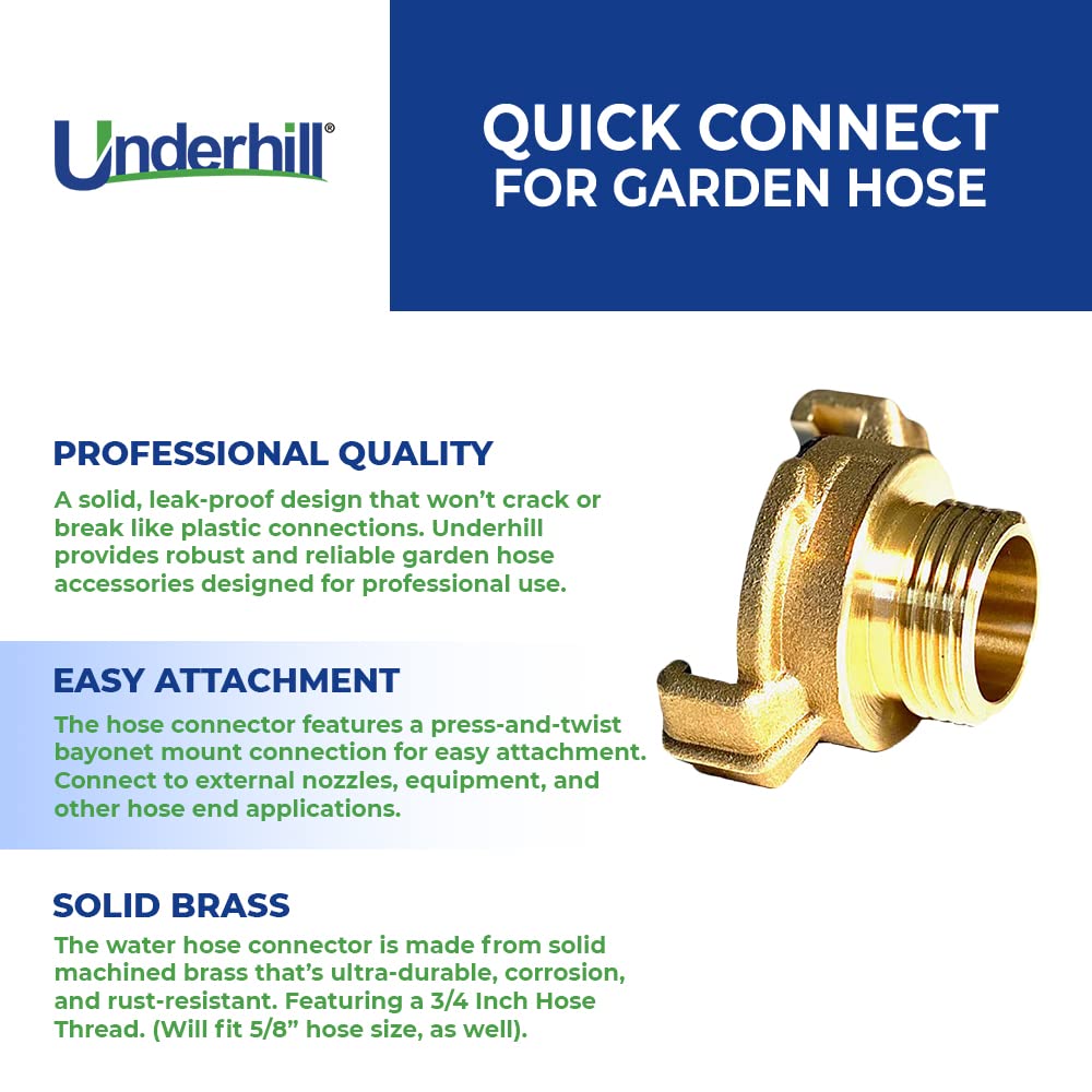 Underhill Quick Connect Garden Hose Fitting, Connector, Heavy-Duty, Solid Brass, 3/4 Inch Male Hose Thread, A-BQ7M
