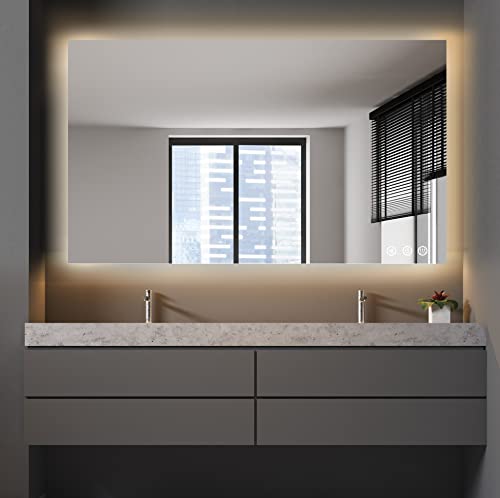 KRISTALLUM Backlit Bathroom Mirror with Lights -60x36 Mirror w/ Wireless Switch + Anti Fog/ Waterproof/ Dimmable/ 3 Colors Warm/Natural/White CRI >90 Frameless Led Mirror Vertical or Horizontal
