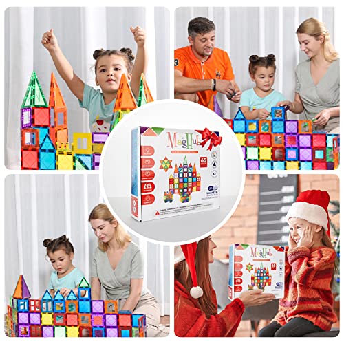 MagHub Magnetic Tiles 65 Piece Set Kids Magnet Toys,Clear 3D Magnetic Building Blocks Set, Magnetic Stacking Toy Construction Preschool Learning Educational Toy for Toddlers Children Boys Girls