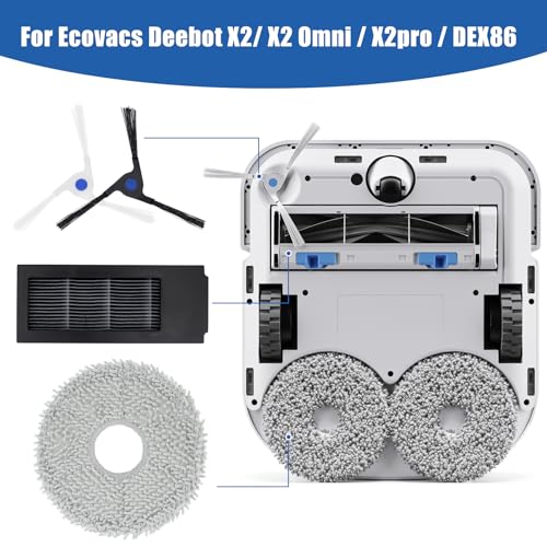 16PCS Replacement Parts HEPA Filter Dust Bag for Ecovacs Deebot X2, X2 Omni, X2pro, DEX86 Vacuum Cleaner Spare Parts, 4 Side Brush, 4 Hepa Filters, 4 Mop Pads, 4 Dust Bags