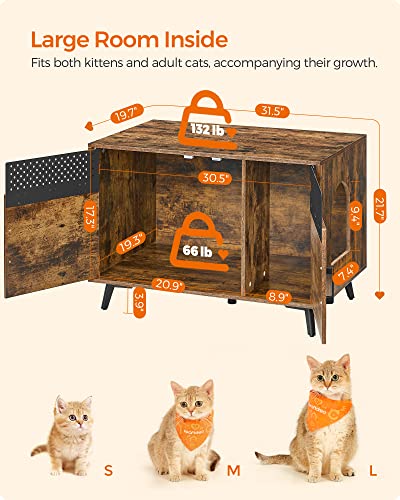 FEANDREA Litter Box Enclosure, Cat Litter Box Furniture Hidden, with Removable Divider, High Legs, Cat House for Indoor Cats, Side End Table, 31.5 x 19.7 x 21.7 Inches, Rustic Brown UPCL006X01