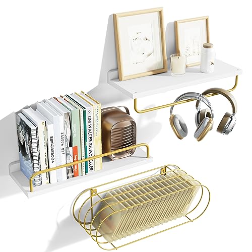 Love-KANKEI Floating Shelves Wall Mounted, Bathroom Shelf with Towel Bar, Wall Shelves with Wire Storage Basket,Wood Shelves for Kitchen Bedroom Living Room, Set of 3 White and Gold