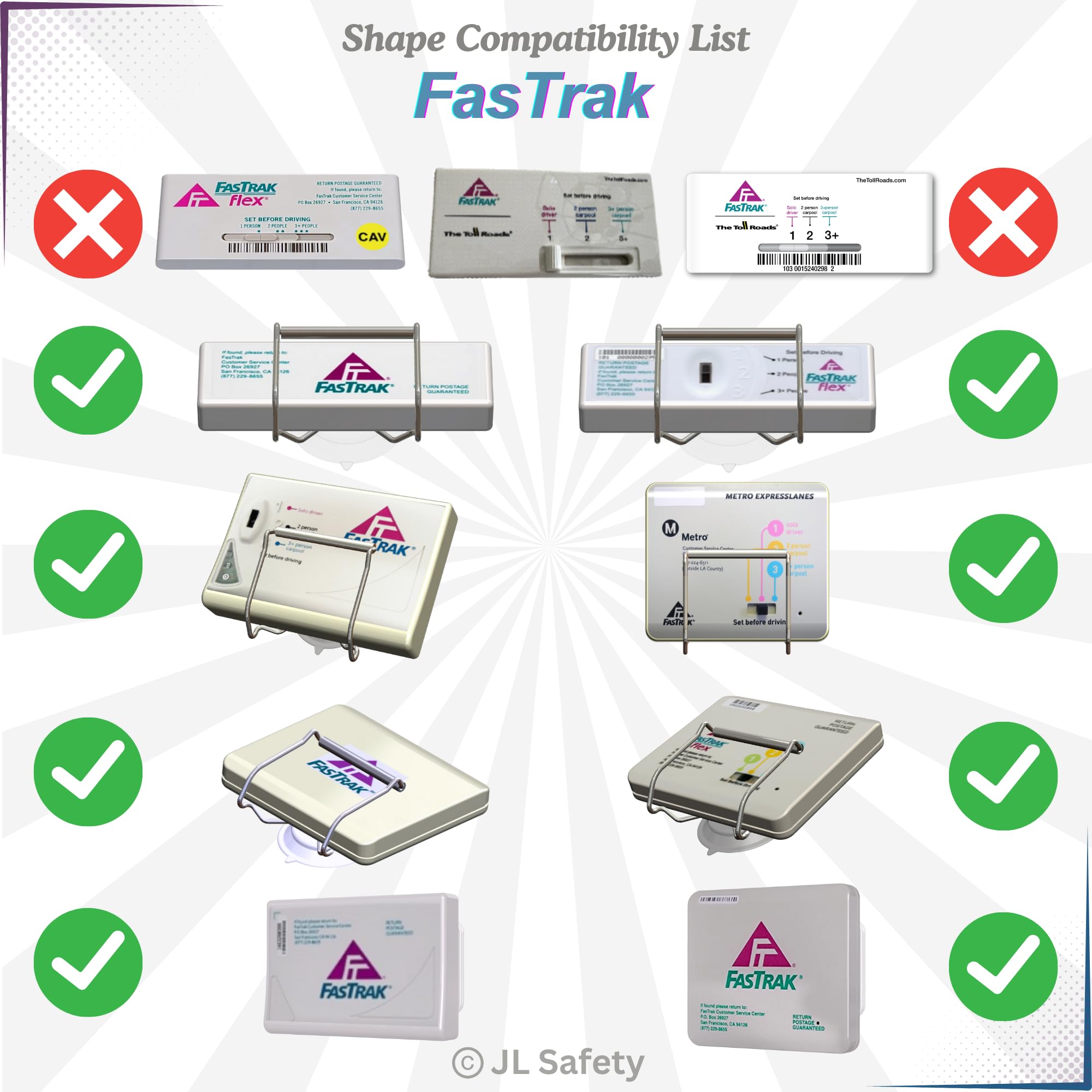 JL Safety EZ Pass Holder - Indestructible Toll Pass Holder for EZ-Pass, I Pass, FasTrak, SunPass & SunPass Pro, Uni, NC QuickPass, EPass Xtra, 91 Express Lanes & more - Made in USA