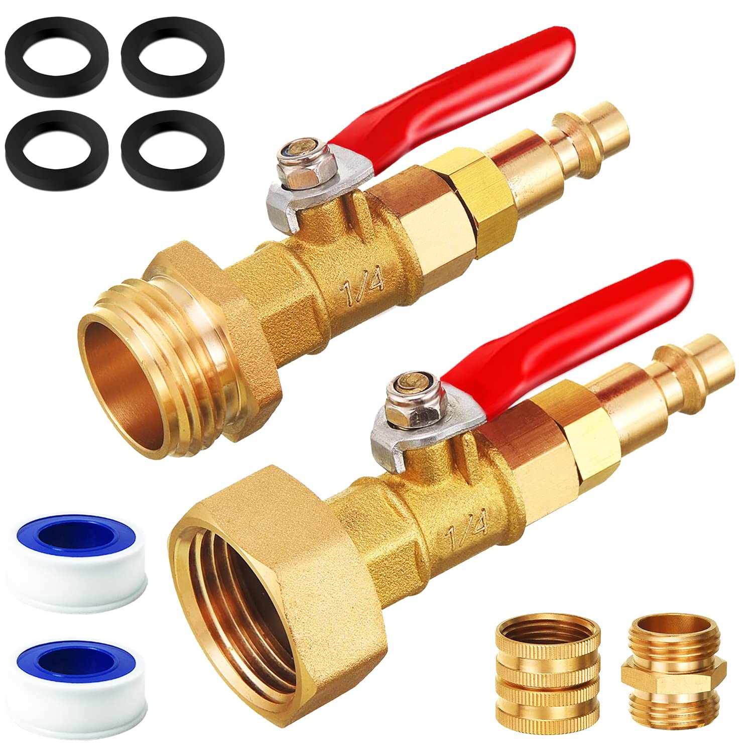 Gute 2 Pack Winterize RV Blowout Adapter, 1/4 Inch Male Quick Connect Faucet Adapter and 3/4 Inch GHT Hose Thread, RV Water Line Blowout Adapter for Trailer Internal, Boat, Camper, Air Compressor