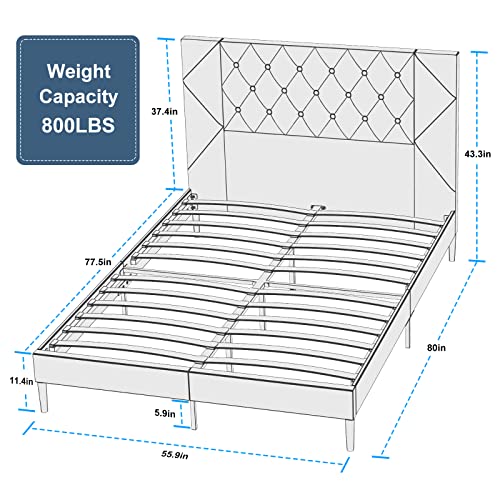 MOLYURAS Full Size Bed Frame, Upholstered Platform Double Full Bed Frame with Button Tufted Suede Velour Headboard, No Box Spring Needed, Sturdy Wood Slat Support, Easy Assembly
