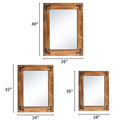 YOSHOOT Rustic Wooden Framed Wall Mirror, Natural Wood Bathroom Vanity Mirror for Farmhouse Decor, Vertical or Horizontal Hanging, 32" x 24", Brown