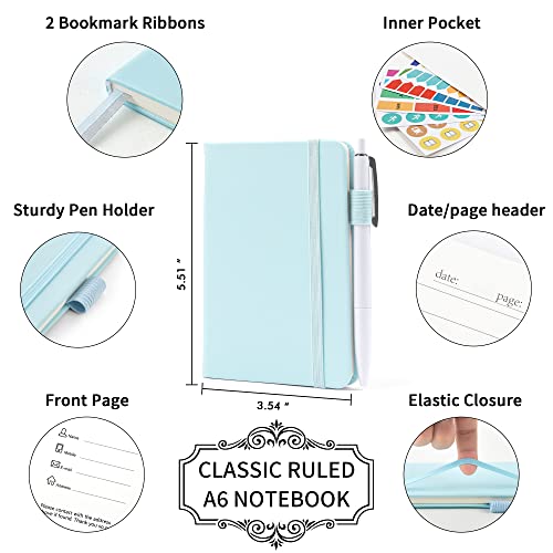 feela 15 Pack Pocket Small Notebooks Bulk, Mini Cute Notepads Hardcover College Ruled Lined Journals with Pen Holder for School Business Memos, with 15 Black Pens, 3.5βx 5.5β, A6, Sky Blue