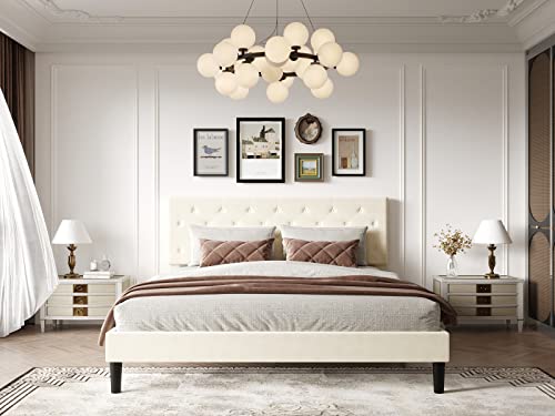 BONSOIR Queen Size Bed Frame Upholstered Low Profile Traditional Platform with Tufted Headboard/No Box Spring Needed/No Bed Skirt Needed/Soft Faux Velvet Upholstery/ Ivory