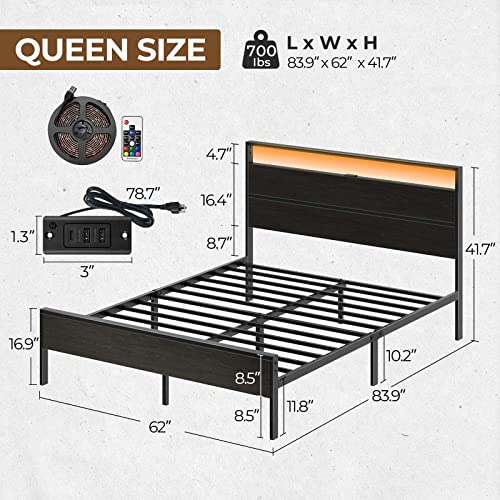 Rolanstar Bed Frame with Charging Station, Queen Bed Frame with LED Lights Headboard, Metal Platform, Strong Metal Slats Support, 10.2β Under Bed Storage Clearance, No Box Spring Needed, Noise Free
