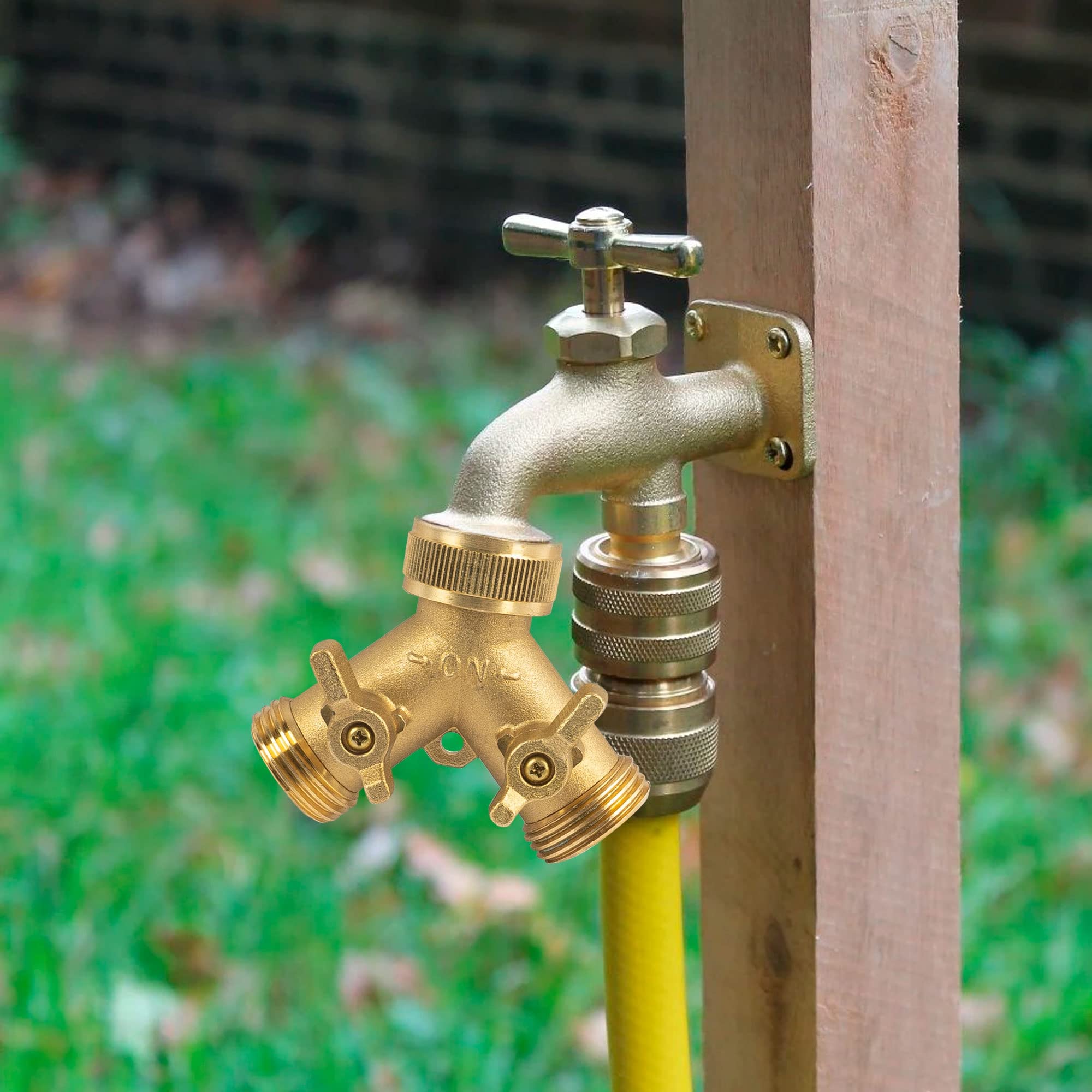 Hourleey Brass Garden Hose Splitter (2 Way), Solid Brass Hose Y Splitter 2 Valves with 2 Extra Rubber Washers (2 Pack)