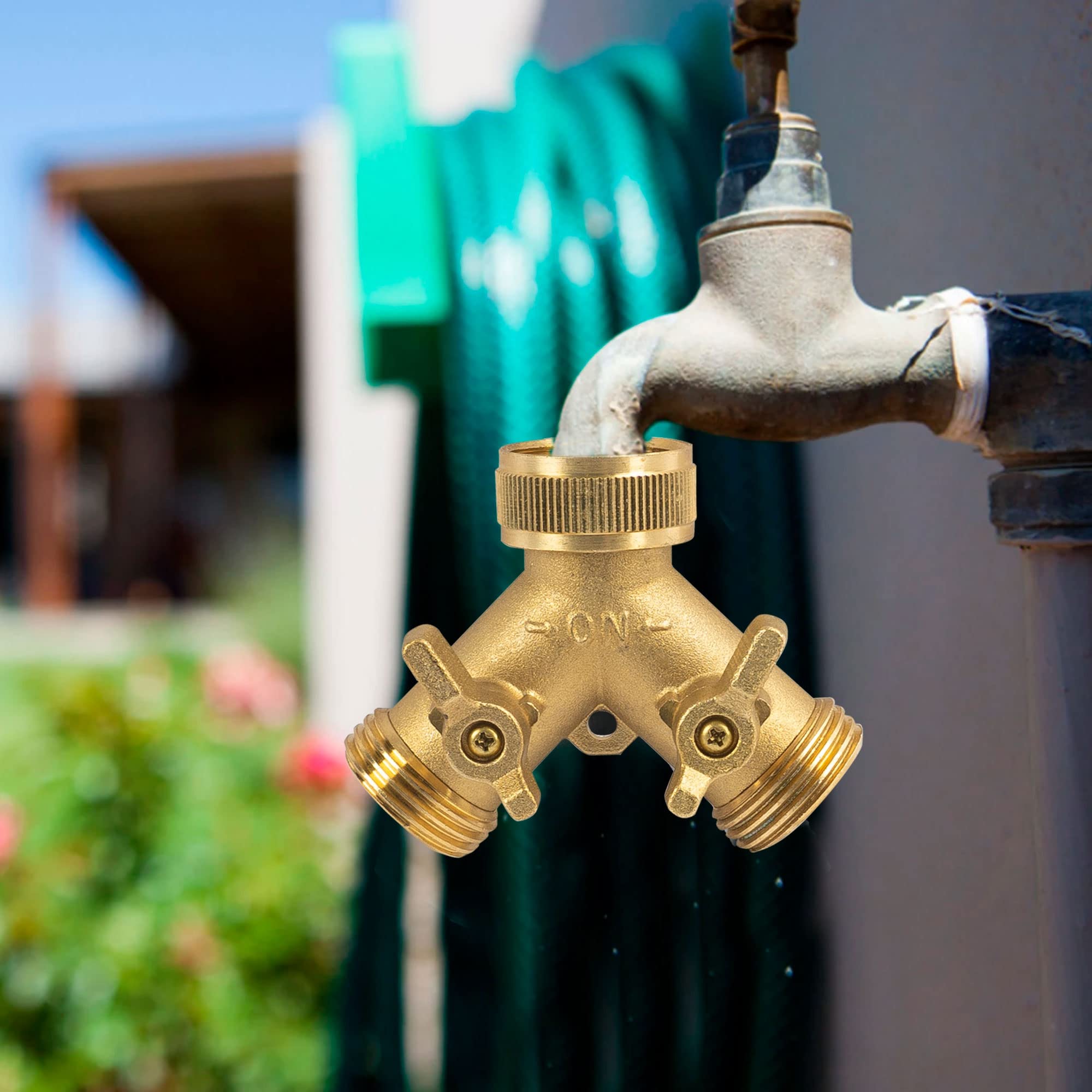 Hourleey Brass Garden Hose Splitter (2 Way), Solid Brass Hose Y Splitter 2 Valves with 2 Extra Rubber Washers (2 Pack)
