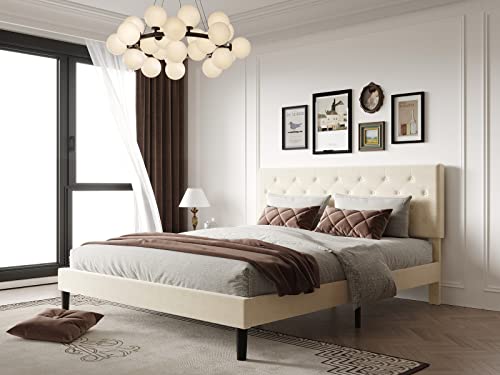 BONSOIR Queen Size Bed Frame Upholstered Low Profile Traditional Platform with Tufted Headboard/No Box Spring Needed/No Bed Skirt Needed/Soft Faux Velvet Upholstery/ Ivory