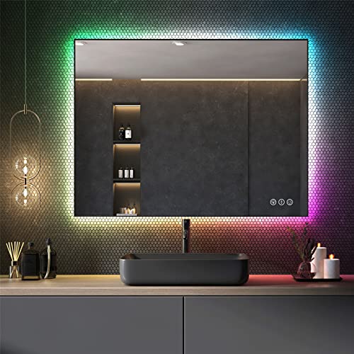 Amorho LED Bathroom Mirror with RGB Backlit, 48"x36" Color Changing Lighted Vanity Mirror for Wall, Anti-Fog, Memory Function, Touch Control, Dimmable, Shatterproof (Horizontal/Vertical)