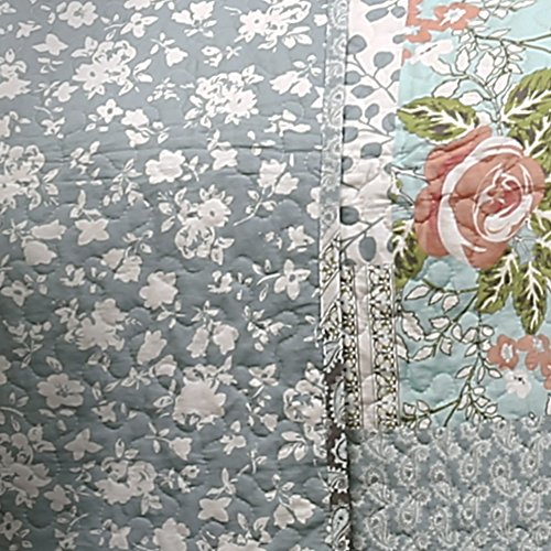 Lush Decor Blue Roesser Quilt | Patchwork Floral Reversible Print Pattern Country Farmhouse Style 3 Piece Bedding Set-King