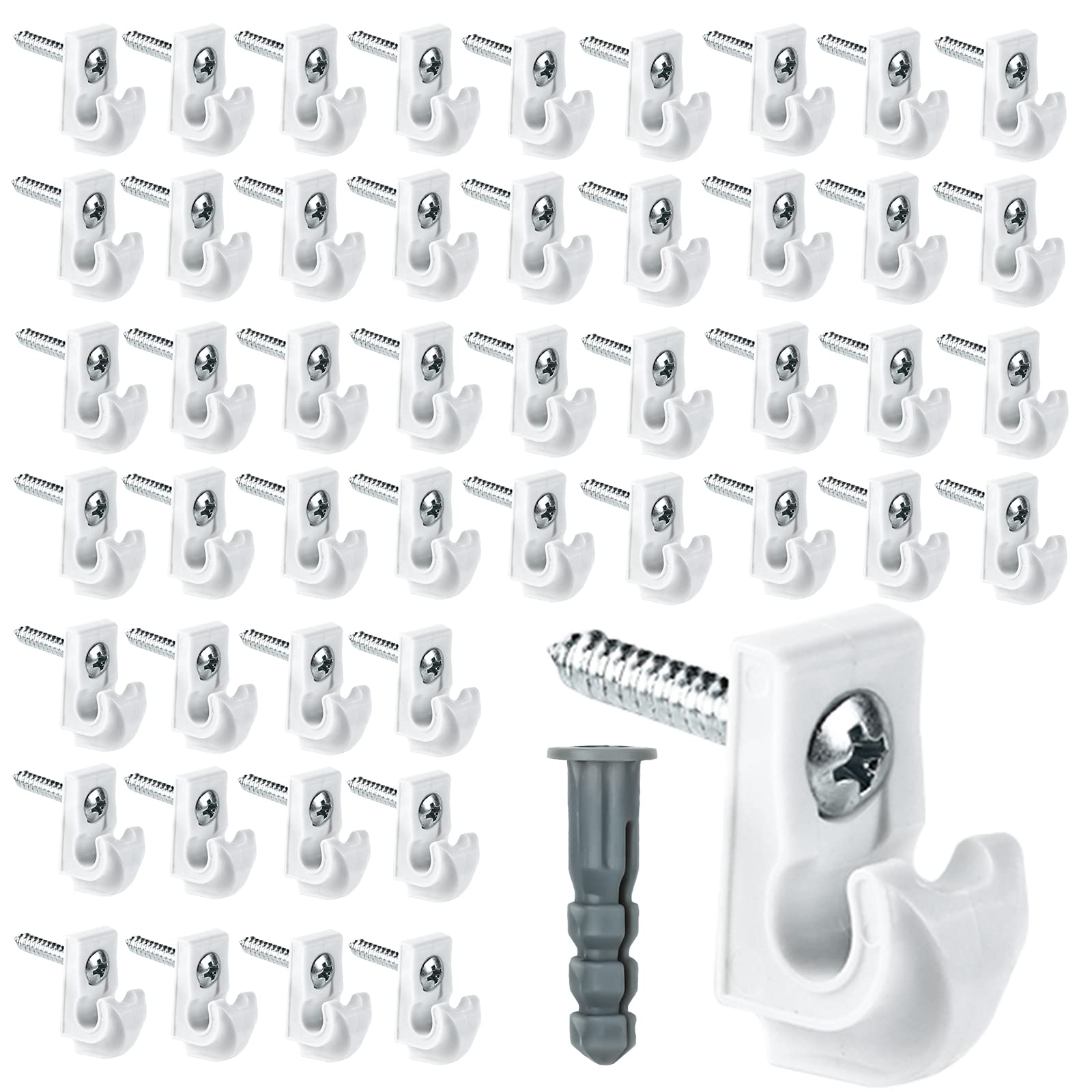 48 Pack White Down Wall Clip Closet Shelves Clips Wire Shelf Loop Clips Plastic Heavy Duty Wire Shelf Brackets Included Clips Screws and Expansion Tubes for Wire Closet Shelving