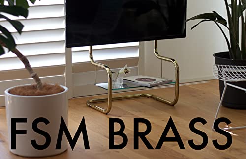 zeitgeist TV Stand Modern Minimalist w/Shelf Floor Stand Metal up to 65 inch for Corner, Living, Studio. Height Adjustable Mount, Portable. w/HDMI, Antenna, Power Cable pre-Installed. Brass Gold