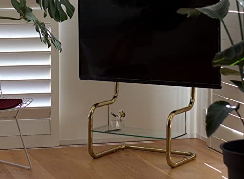 zeitgeist TV Stand Modern Minimalist w/Shelf Floor Stand Metal up to 65 inch for Corner, Living, Studio. Height Adjustable Mount, Portable. w/HDMI, Antenna, Power Cable pre-Installed. Brass Gold