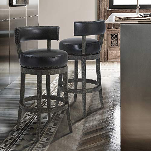 Armen Living Corbin 30" Bar Height Swivel Onyx Faux Leather and American Grey Wood Bar Stool