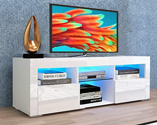 Goujxcy TV Stand for 55 inch TV with Storage - Entertainment Center for 55 inch TV, White Gloss TV Stand with LED Lights and 2 Drawer, Living Room TV Console Table Television Desk Stand