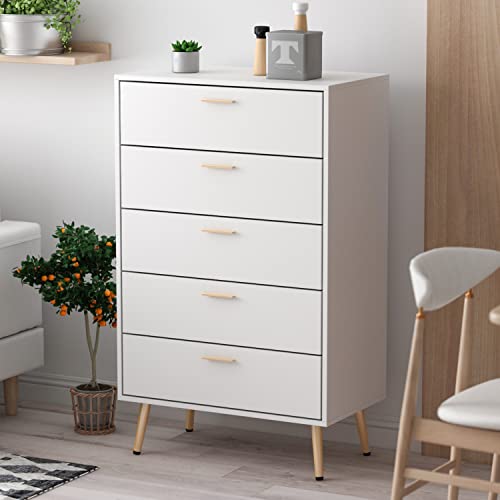 Homsee Modern Dresser Storage Chest with 5 Drawers, Wood Dresser Chest with Gold Metal Legs and Handles for Bedroom, Living Room, White (27.4”L x 15.6”W x 44.9”H)
