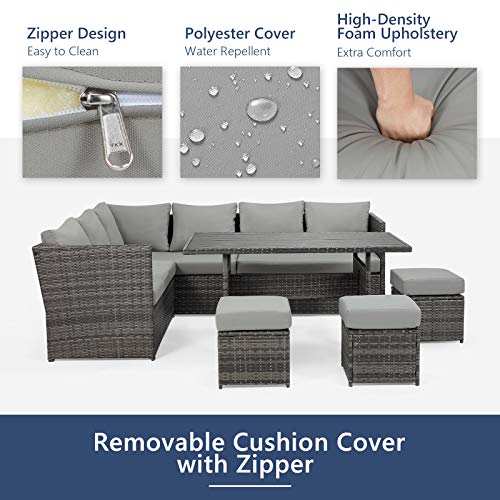 U-MAX 7 Pieces Patio Furniture Set Outdoor Sectional Sofa Conversation Set All Weather Wicker Rattan Couch Dining Table & Chair with Ottoman, Gray