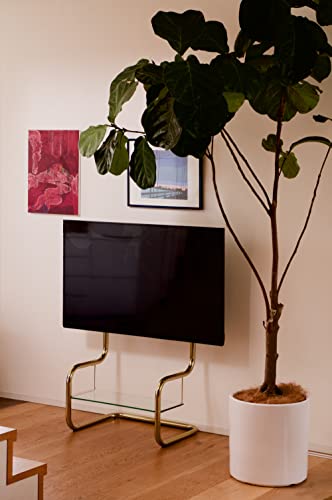 zeitgeist TV Stand Modern Minimalist w/Shelf Floor Stand Metal up to 65 inch for Corner, Living, Studio. Height Adjustable Mount, Portable. w/HDMI, Antenna, Power Cable pre-Installed. Brass Gold
