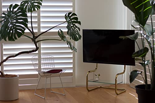 zeitgeist TV Stand Modern Minimalist w/Shelf Floor Stand Metal up to 65 inch for Corner, Living, Studio. Height Adjustable Mount, Portable. w/HDMI, Antenna, Power Cable pre-Installed. Brass Gold