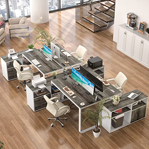 Homieasy L Shaped Desk with File Cabinet & Power Outlet, 55 Inch Large Corner Computer Desks with LED Strip, L-Shaped Computer Desk with Drawers and Storage Shelves for Home Office, Grey & White
