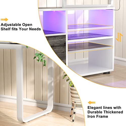 Homieasy L Shaped Desk with File Cabinet & Power Outlet, 55 Inch Large Corner Computer Desks with LED Strip, L-Shaped Computer Desk with Drawers and Storage Shelves for Home Office, Grey & White