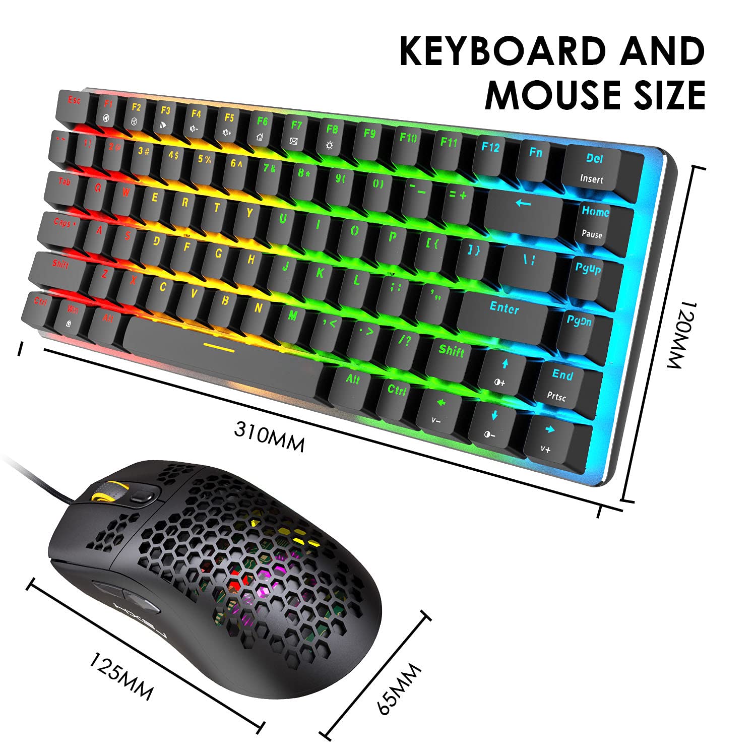 XINMENG Wired Gaming Keyboard and Mouse Combo, Compact 82 Keys RGB Blackit Mechanical Keyboard and Adjustable 8000DPI Lightweight Honeycomb Design Mouse, Spill-Resistant for Desktop, Computer, PC