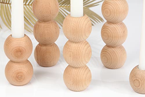 Gurfuy Wood Candle Holders Set of 5 - Rustic Long Wooden Candlestick Holders Bulk un Finished Nature Wood Decorative Candle Stand for Table Wedding Dinning CenterpiecesFestival (Bead Cylinder)