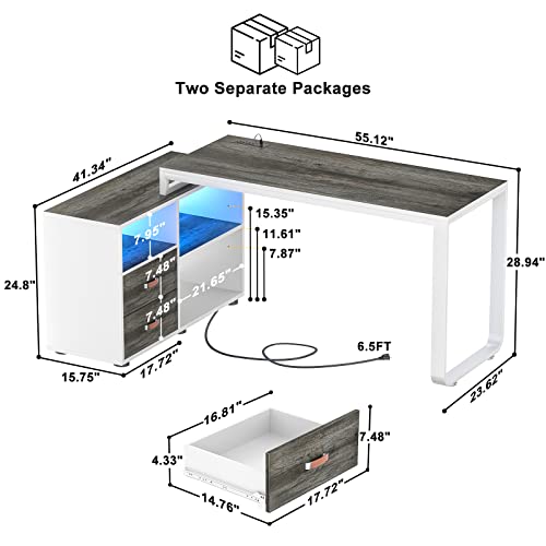 Homieasy L Shaped Desk with File Cabinet & Power Outlet, 55 Inch Large Corner Computer Desks with LED Strip, L-Shaped Computer Desk with Drawers and Storage Shelves for Home Office, Grey & White