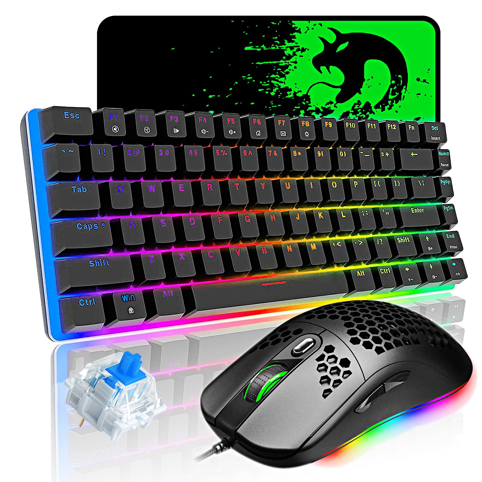XINMENG Wired Gaming Keyboard and Mouse Combo, Compact 82 Keys RGB Blackit Mechanical Keyboard and Adjustable 8000DPI Lightweight Honeycomb Design Mouse, Spill-Resistant for Desktop, Computer, PC