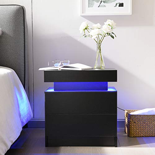 i-aplus Nightstand Set of 2 LED Nightstand with 2 Drawers, Bedside Table with Drawers for Bedroom Furniture, Side Bed Table with LED Light, Black