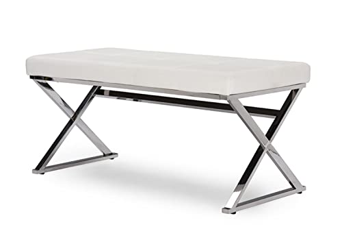 Baxton Studio Wholesale Interiors Herald Modern and Contemporary Faux Leather Upholstered Rectangle Bench, Stainless Steel and White