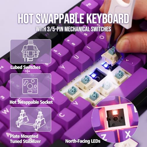 EPOMAKER TH80 SE Gasket 75% Mechanical Keyboard, NKRO Hot Swappable RGB 2.4Ghz/ Bluetooth 5.0/ Wired Gaming Keyboard with Poron/EVA Foam, 4000mah Battery (Black Purple, Flamingo Switch)